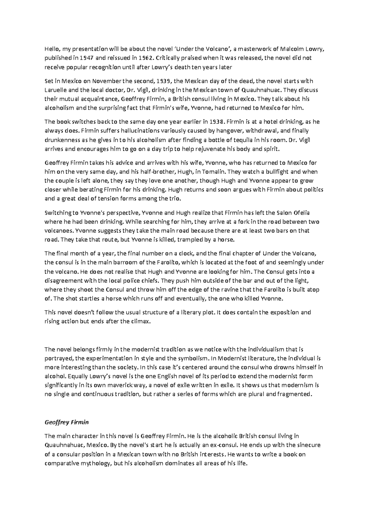 English Presentation Script: Analyzing Lowry's 'Under the Volcano ...