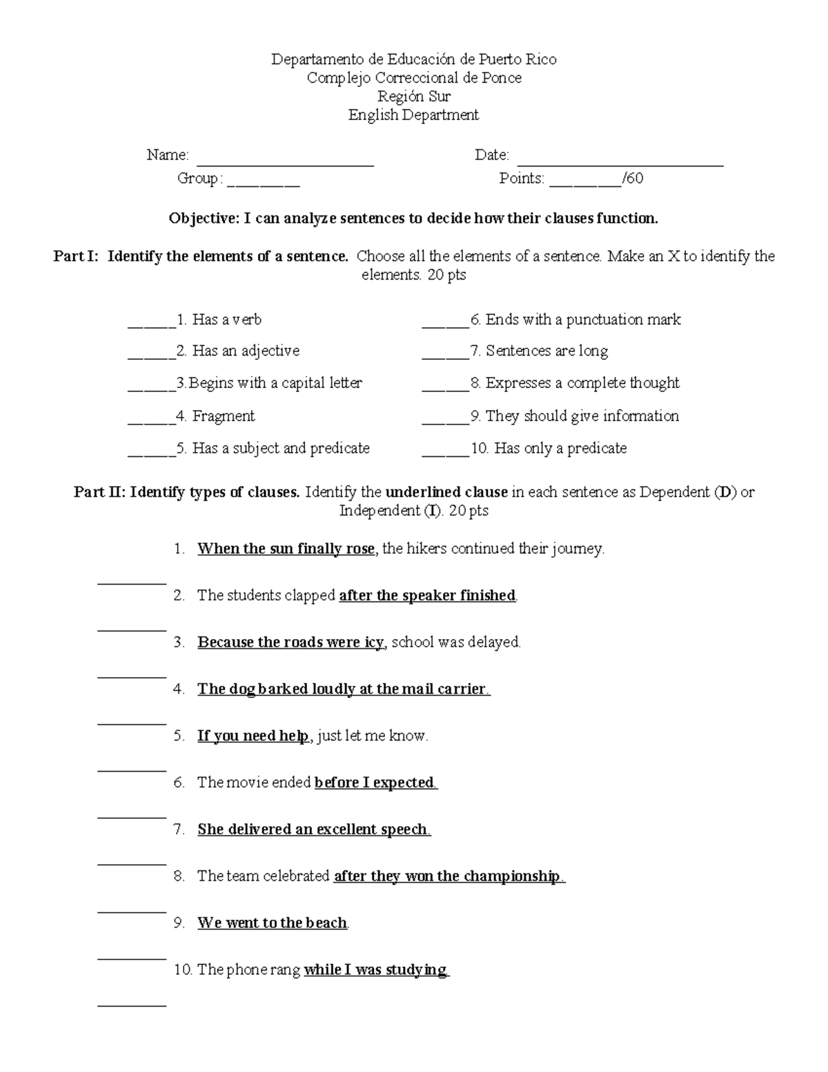 # 1 English 101: Analyzing Sentence Clauses and Types - Studocu