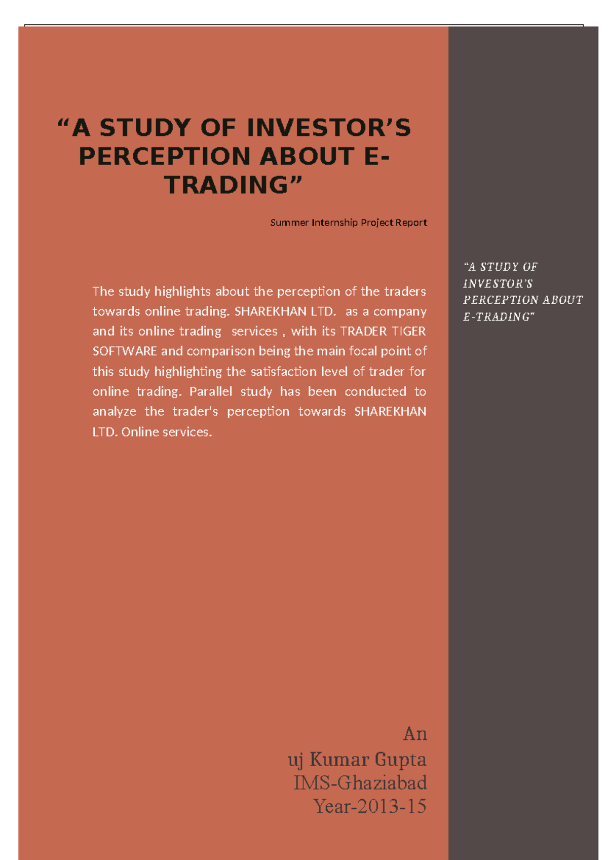 Perception Study on Online Trading: SHAREKHAN LTD. Internship Report ...