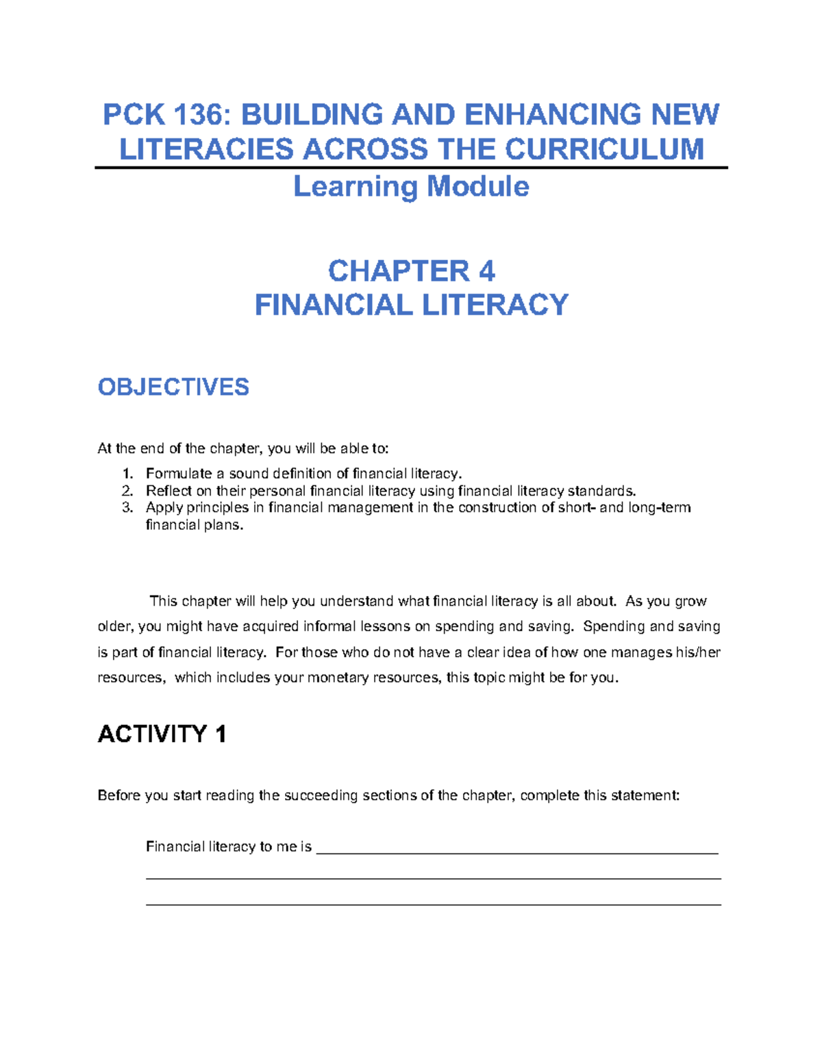 PCK 136: Chapter 4 - Financial Literacy Learning Module - Studocu