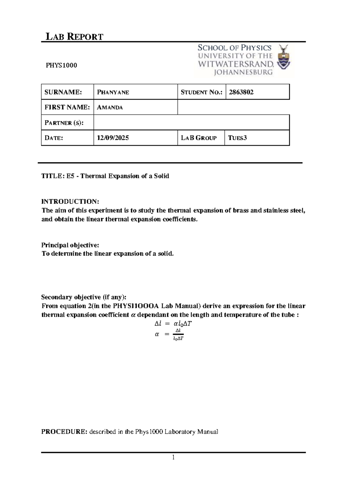 PHYS 101 - Lab Report E5: Thermal Expansion of Solids - Studocu