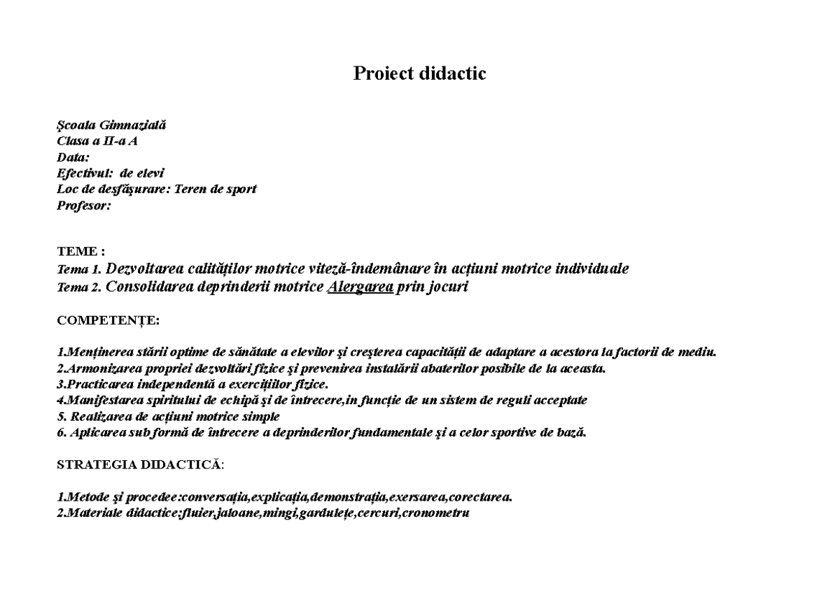 Proiect didactic efs clasa a II a - Teoria antrenamentului sportiv ...