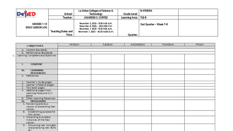 WEEK 7 DAILY LESSON LOG - TLE 8 - Studocu
