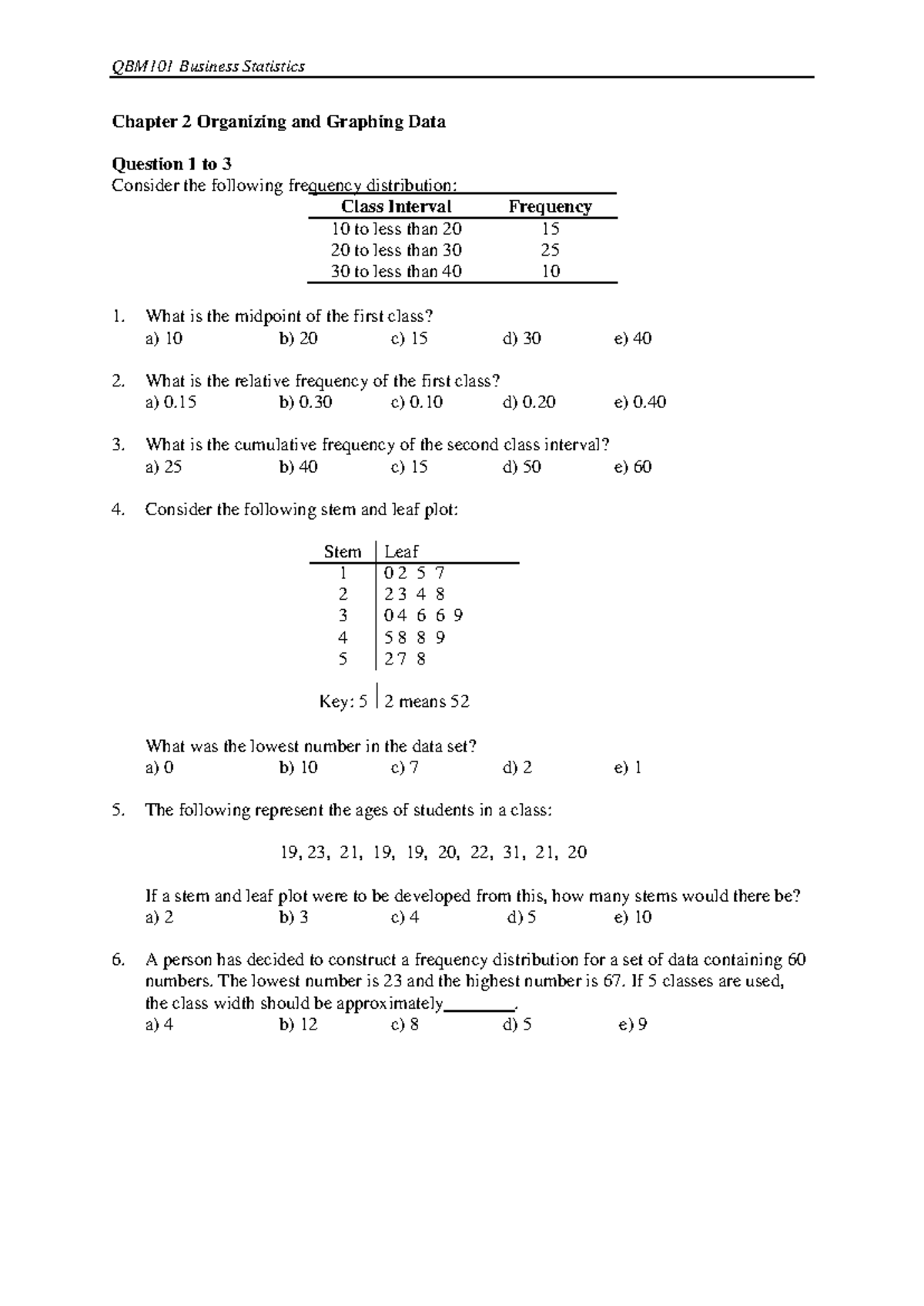 QBM101 Business Statistics Chapter 2: Organizing & Graphing Data ...