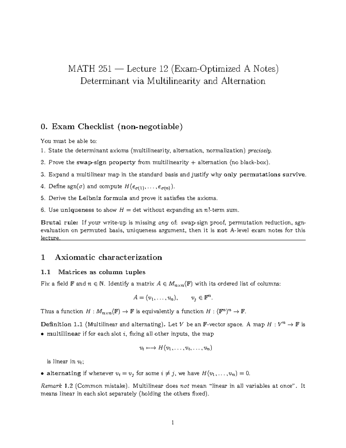 MATH 251 Lecture 12 Notes: Determinants, Multilinearity, and Axioms ...