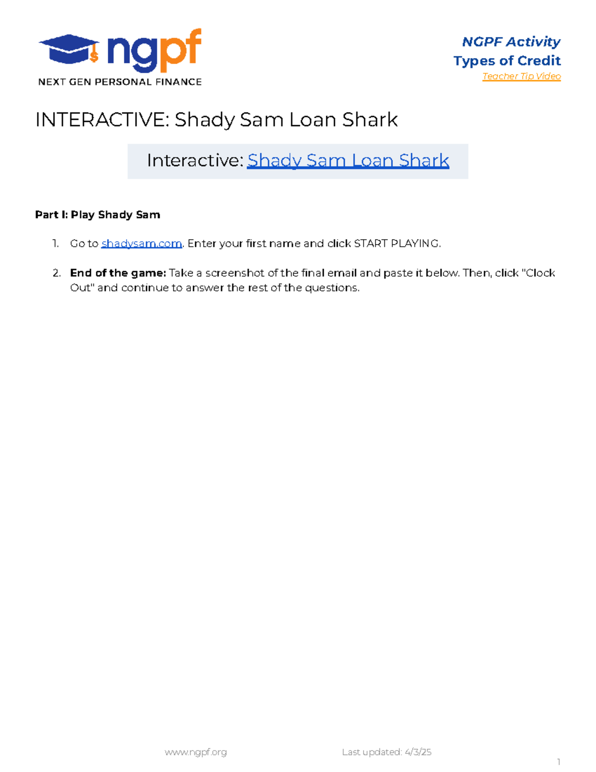 NGPF Activity: Interactive Shady Sam Loan Shark Reflection & Insights ...