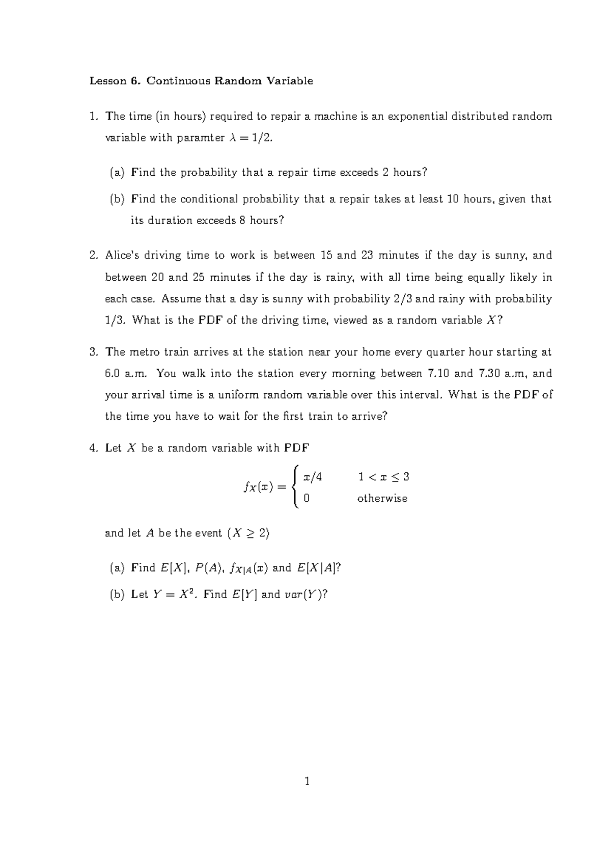 Lesson 6: Continuous Random Variables and Probability Calculations - Studocu