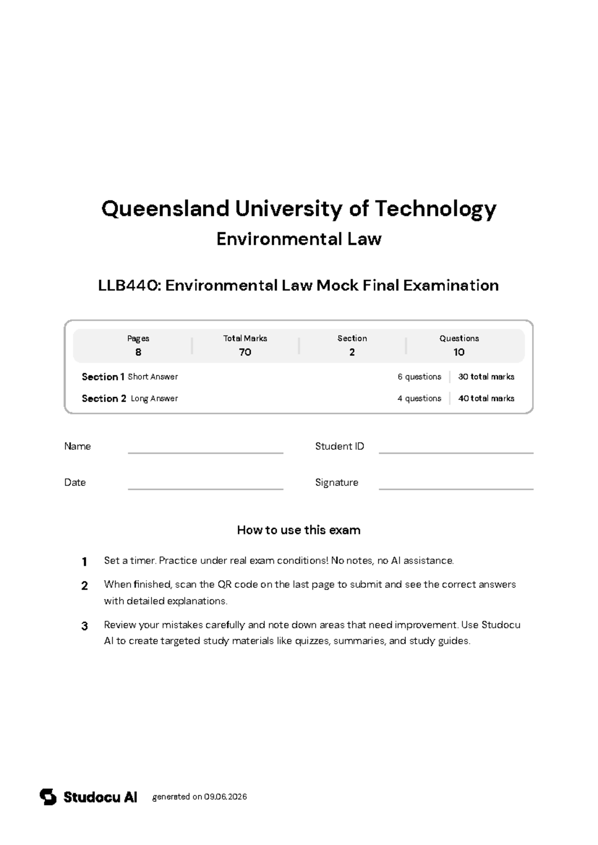 LLB440: Environmental Law Mock Final Examination - Studocu
