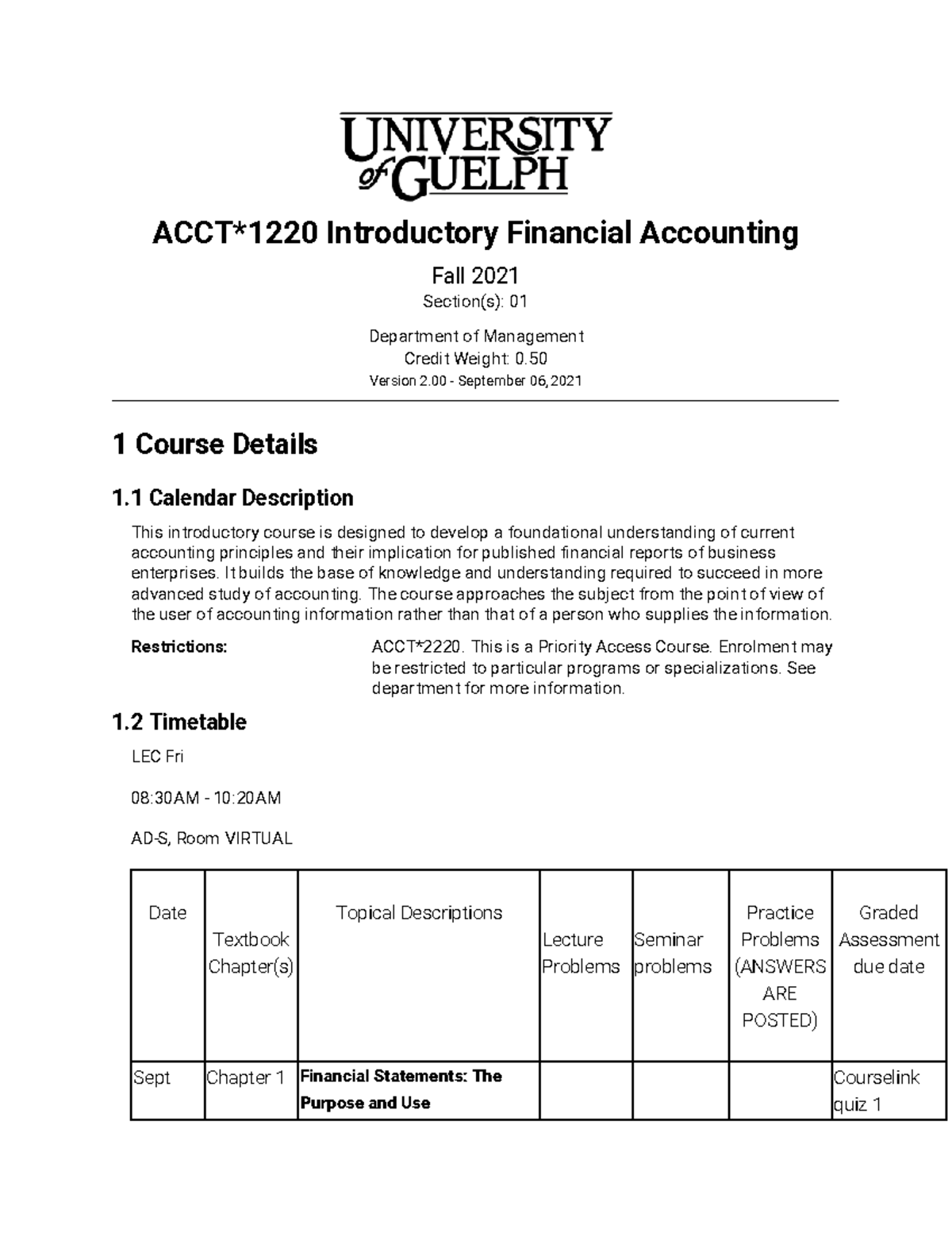Introductory Financial Accounting Syllabus - ACCT*1220 Fall 2021 - Studocu