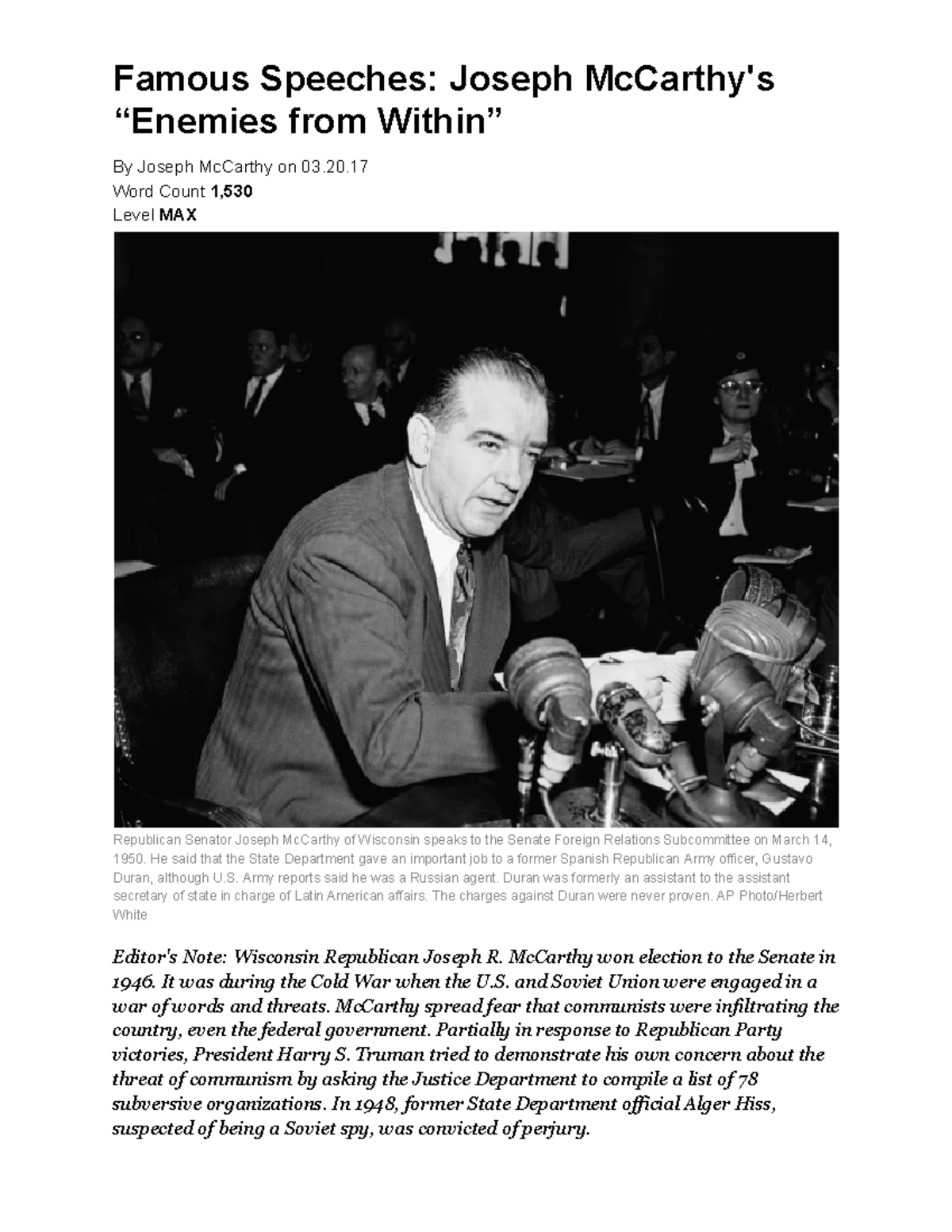 C.A.T. Analysis of McCarthy's "Enemies from Within" Speech - Studocu