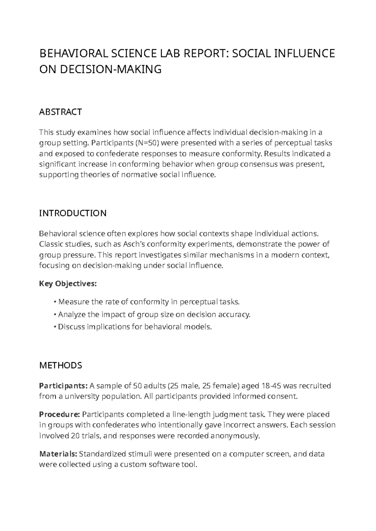 Behavioral Science Lab Report: Social Influence on Conformity - Studocu