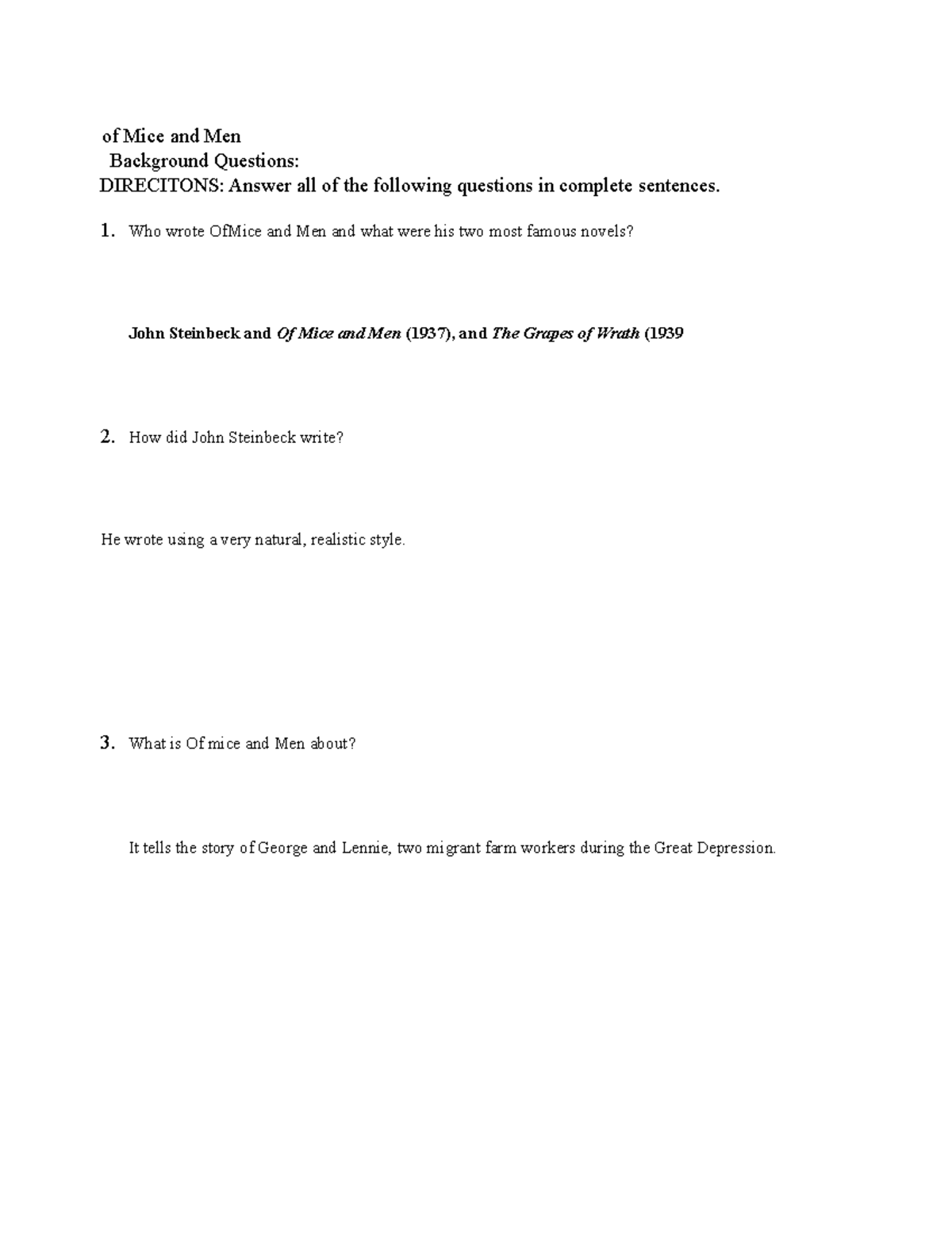 ENG 101: Of Mice and Men - Study Questions on John Steinbeck's Novel ...