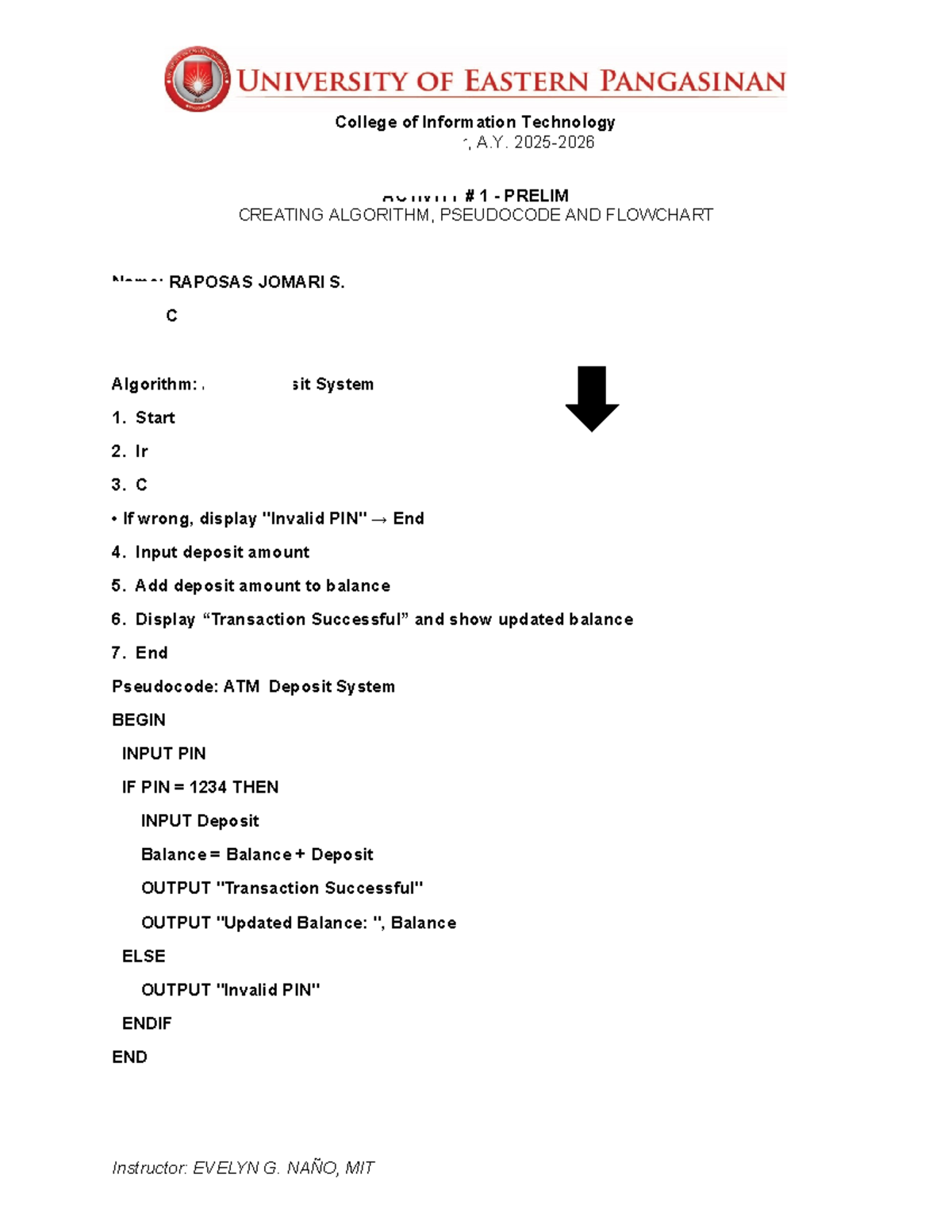 IT 101: Activity 1 - Creating Algorithm, Pseudocode & Flowchart - Studocu