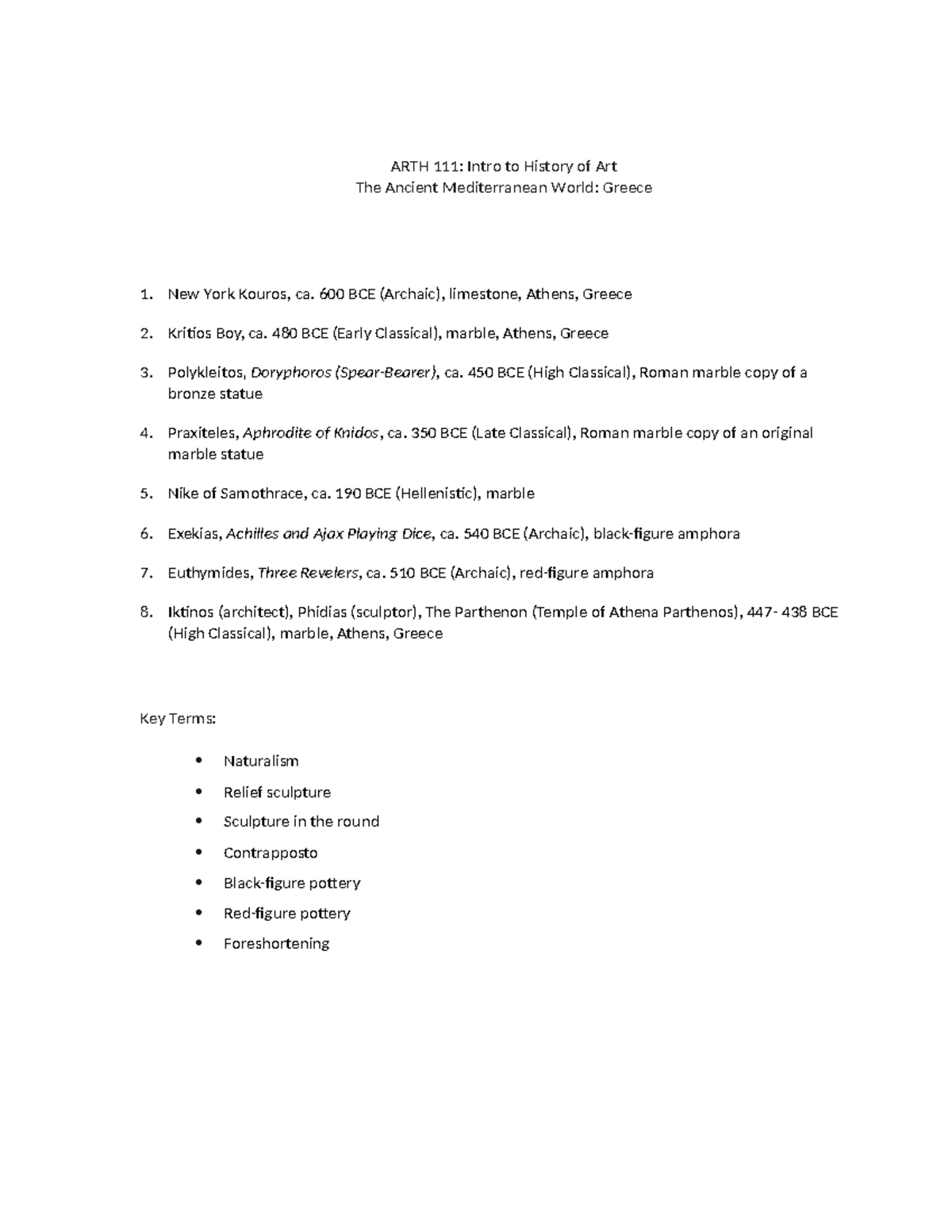 ARTH 111: Intro to History of Art - Ancient Mediterranean Highlights ...