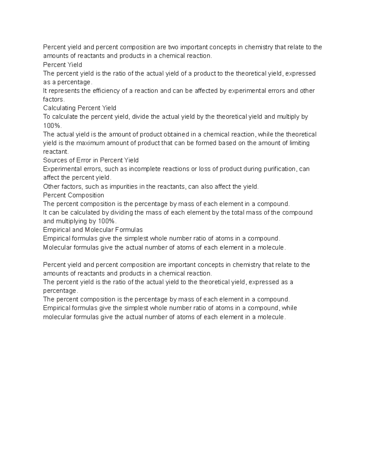 CHEM 101: Notes on Percent Yield & Composition in Chemistry - Studocu