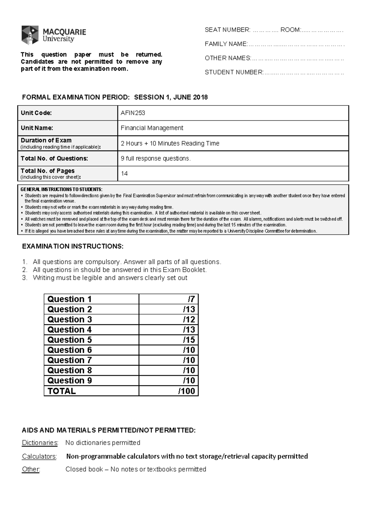 AFIN253 2018 S1 - This question paper must be returned. Candidates are ...