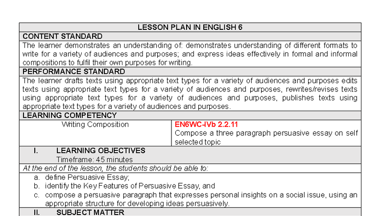 LP- English-6 - Lesson Plan for Grade-6 Persuassive Essay - LESSON PLAN ...