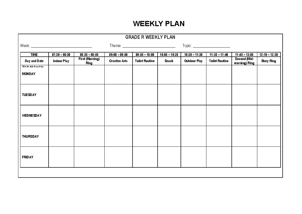 Weekly plan - WEEKLY PLAN GRADE R WEEKLY PLAN Week ...