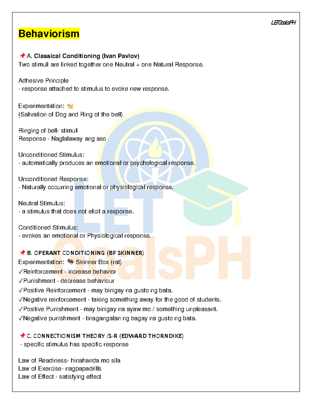 LETGoalsPH Behaviorism: Classical & Operant Conditioning Lecture Notes ...