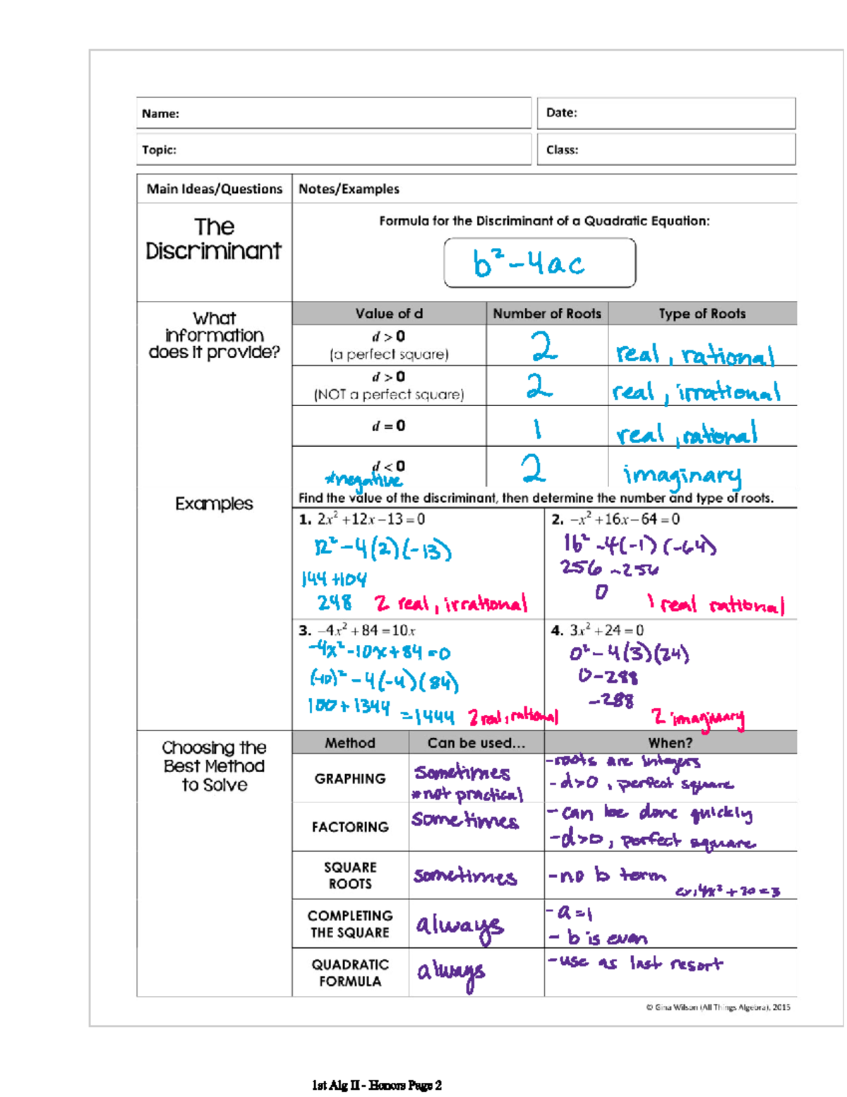 Alg II - 4.8 The Discriminant: Understanding Roots and Types - Studocu