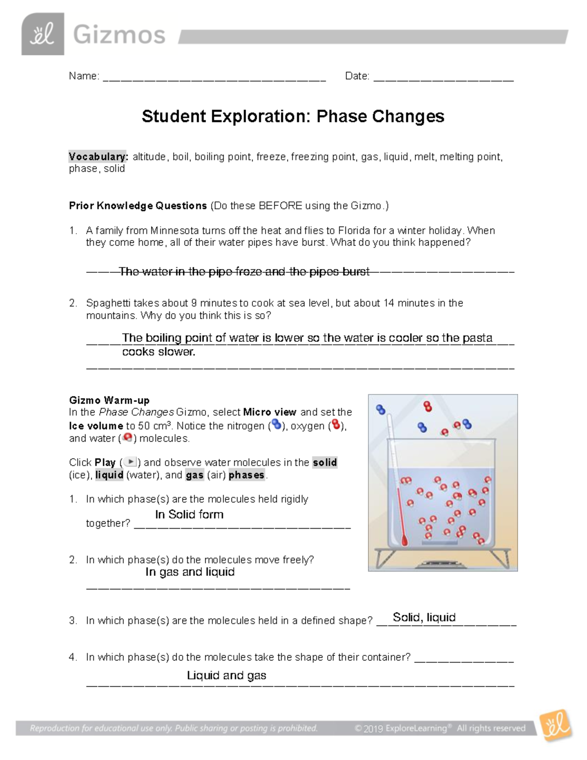 Student Exploration: Phase Changes Gizmo - SE Guide - Studocu