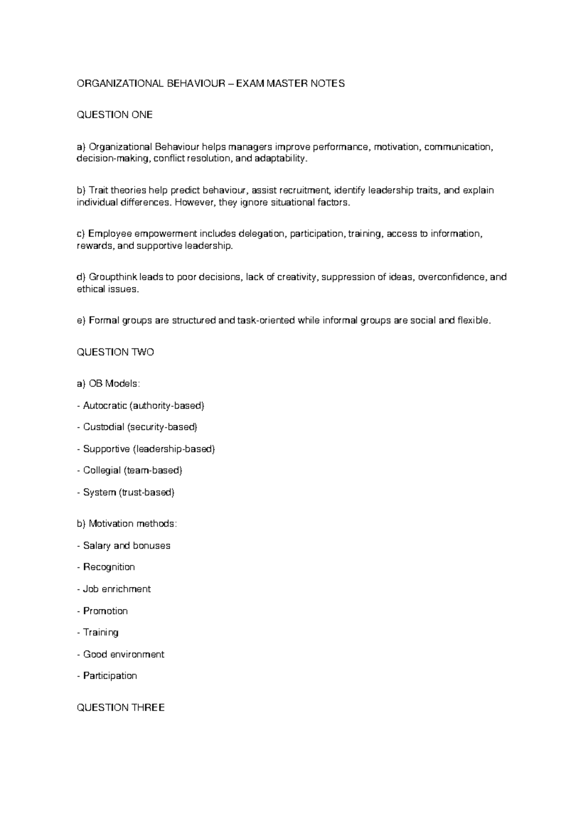 ORGANIZATIONAL BEHAVIOUR EXAM MASTER NOTES - Studocu