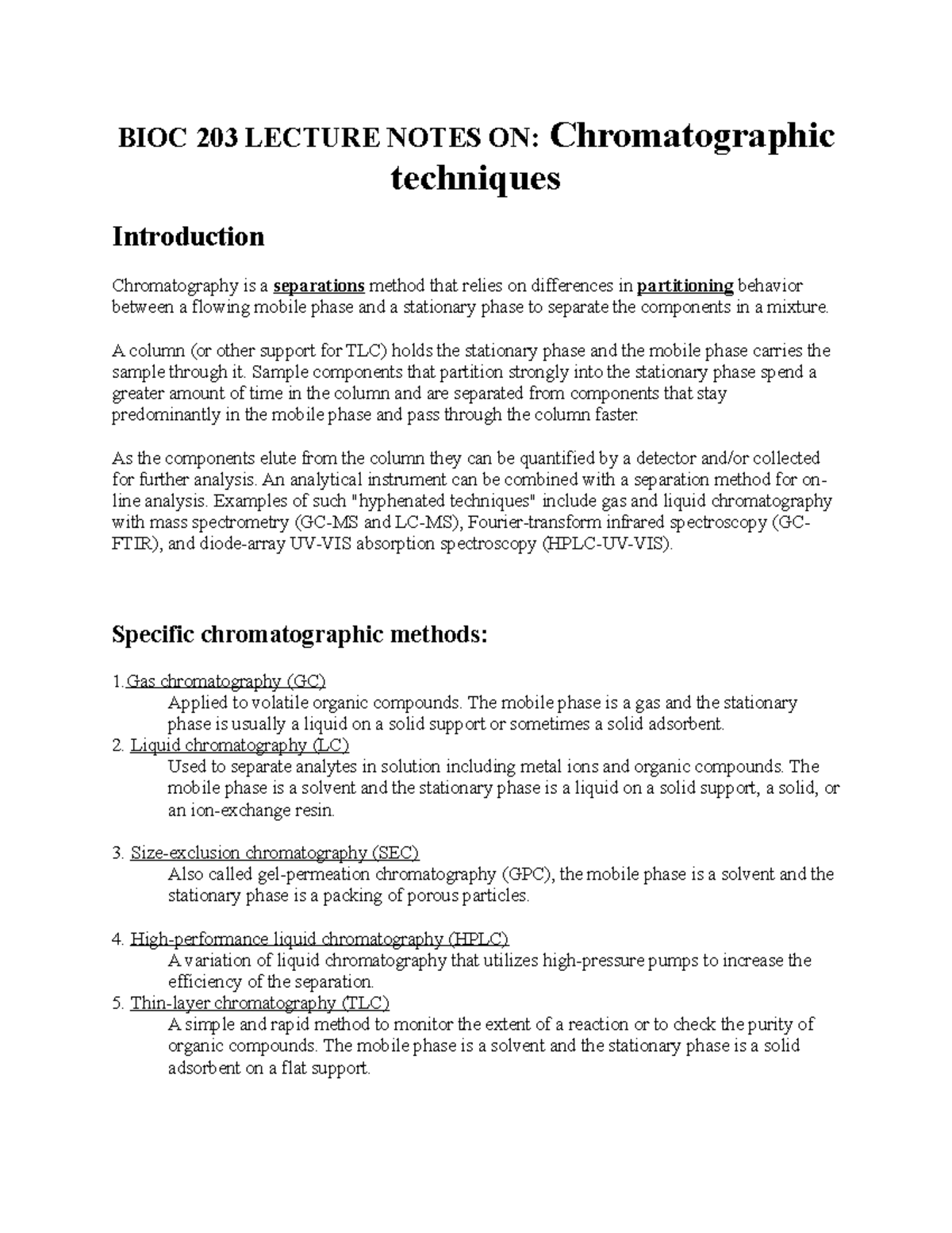 BIOC 203 LECTURE NOTES: Overview of Chromatographic Techniques - Studocu