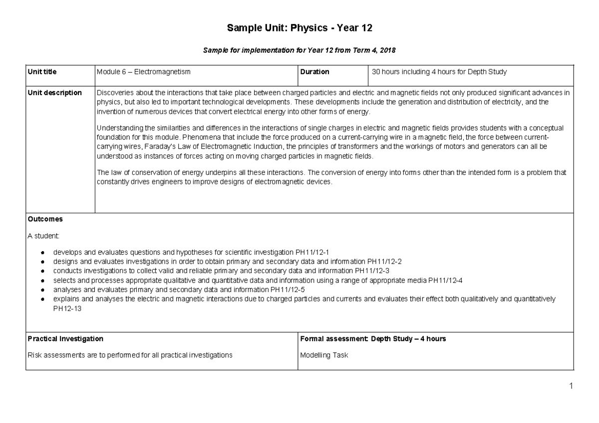 Physics stage 6 year 12 sample unit module 6 electromagnetism - Sample ...