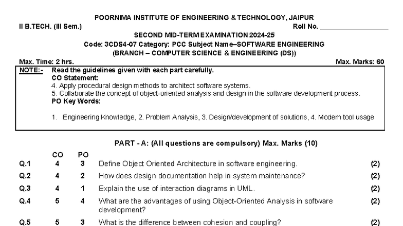 Midterm Exam - CSE II B.Tech - Engineering Design & Analysis - Studocu