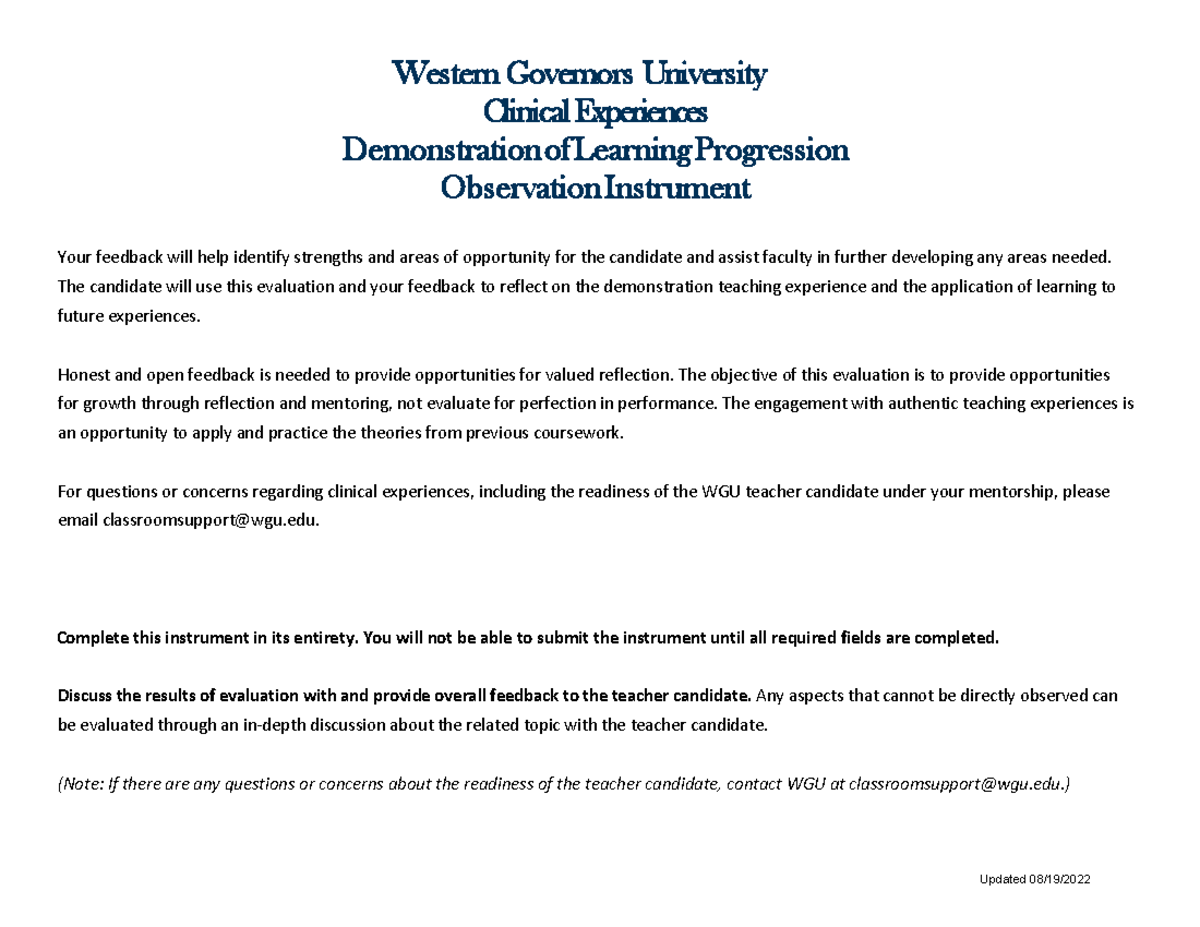WGU Clinical Observation Progression Instrument for Teacher Candidates ...