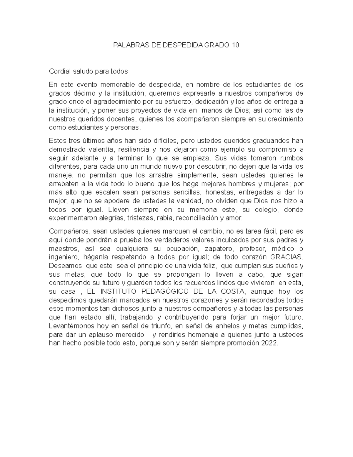 Palabras de despedida grado 10 - PALABRAS DE DESPEDIDA GRADO 10 Cordial ...