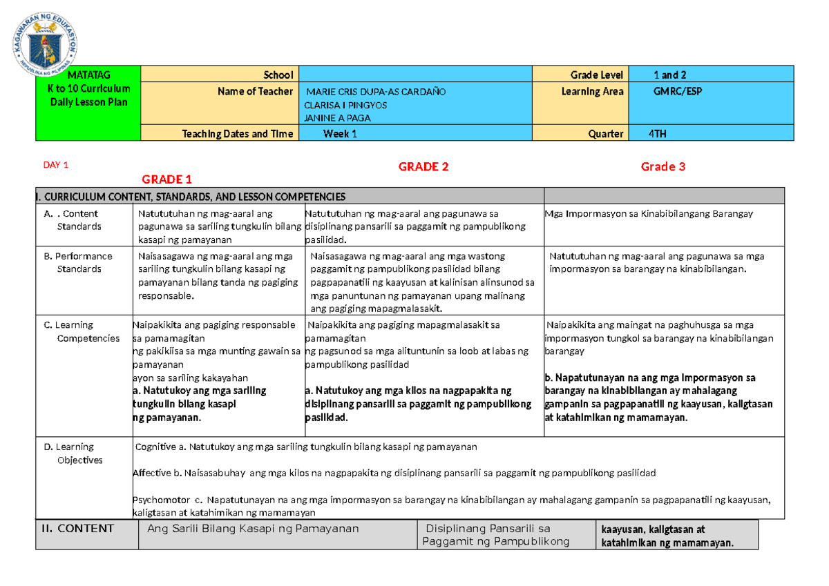 Grade 1-3 GMRC Q4 W1 - Daily Lesson Plans and Activities - Studocu