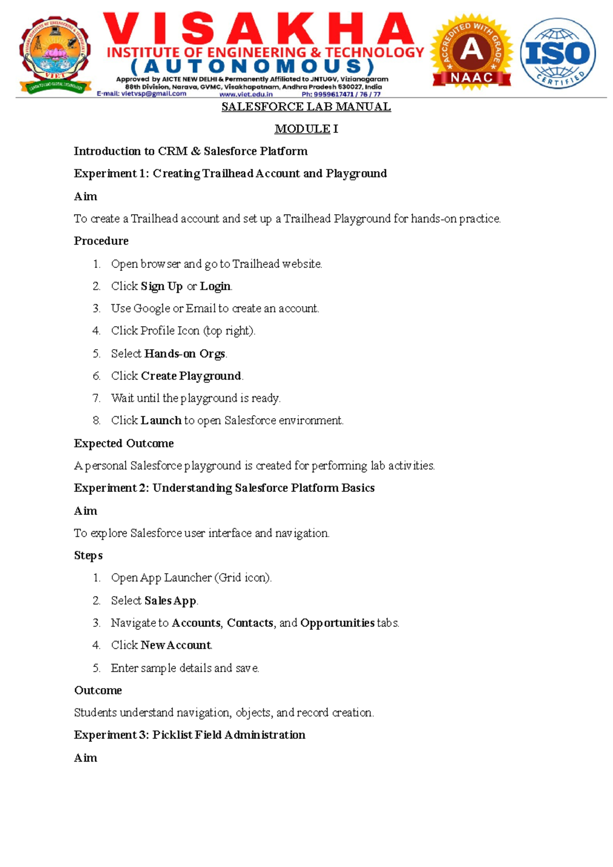 SALESFORCE LAB MANUAL MODULE I: CRM Basics & Experiments - Studocu