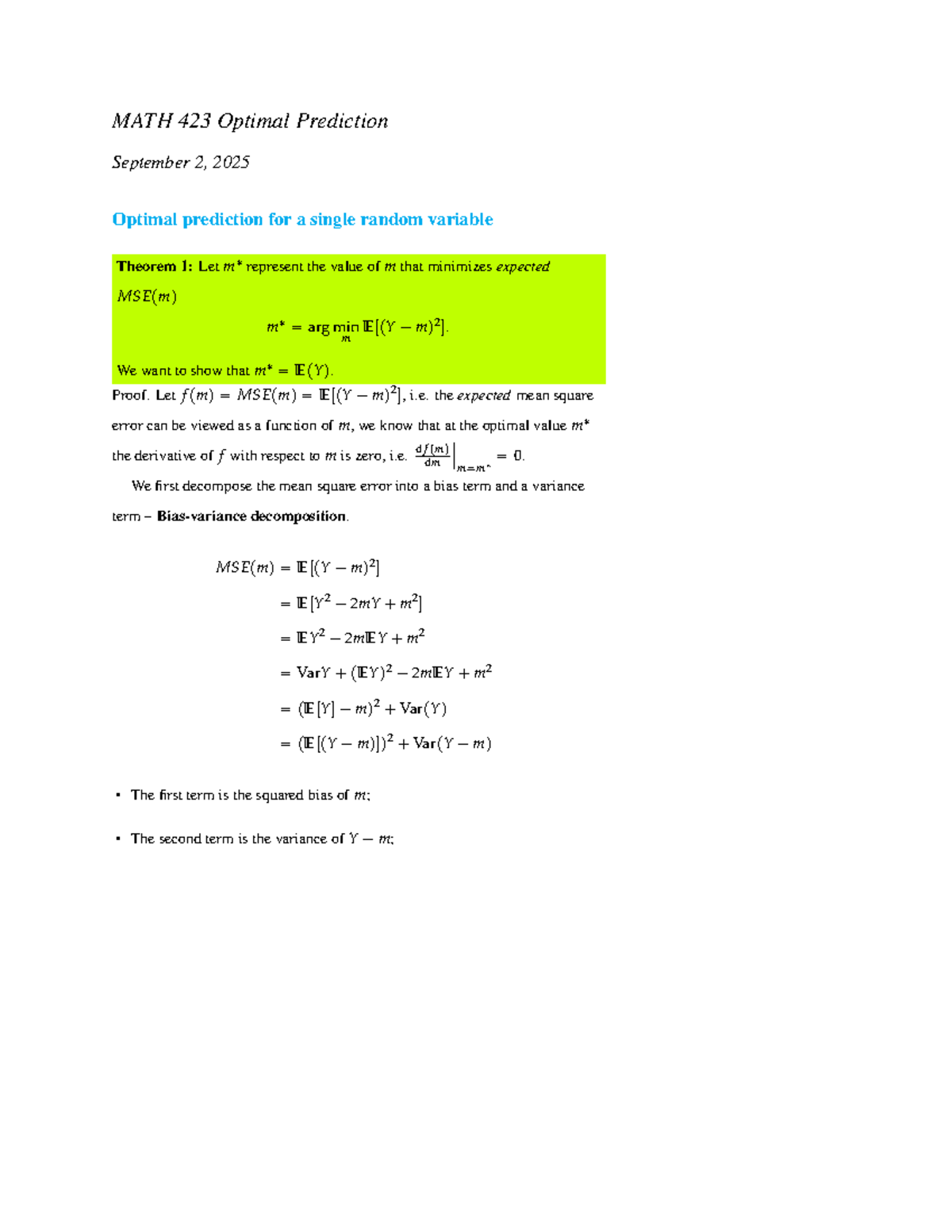 MATH 423 Optimal Prediction Lecture Notes - Studocu