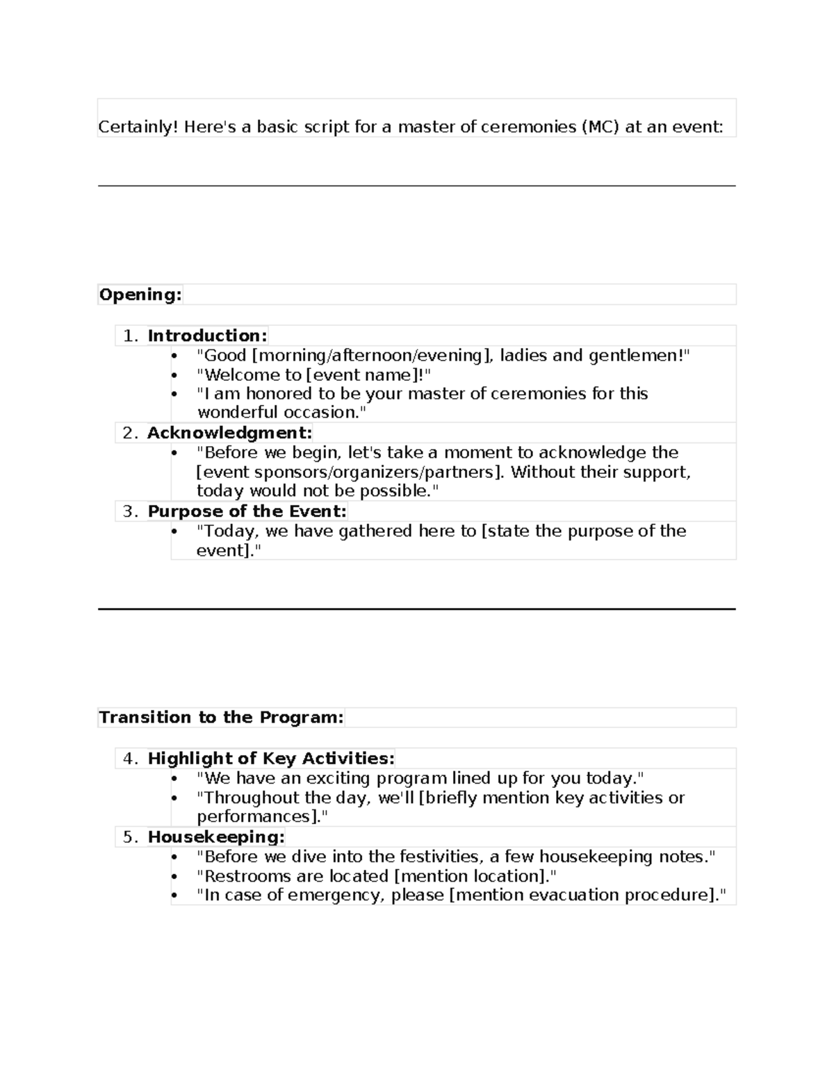 MC Script for Events: Master of Ceremony Guidelines and Structure - Studocu
