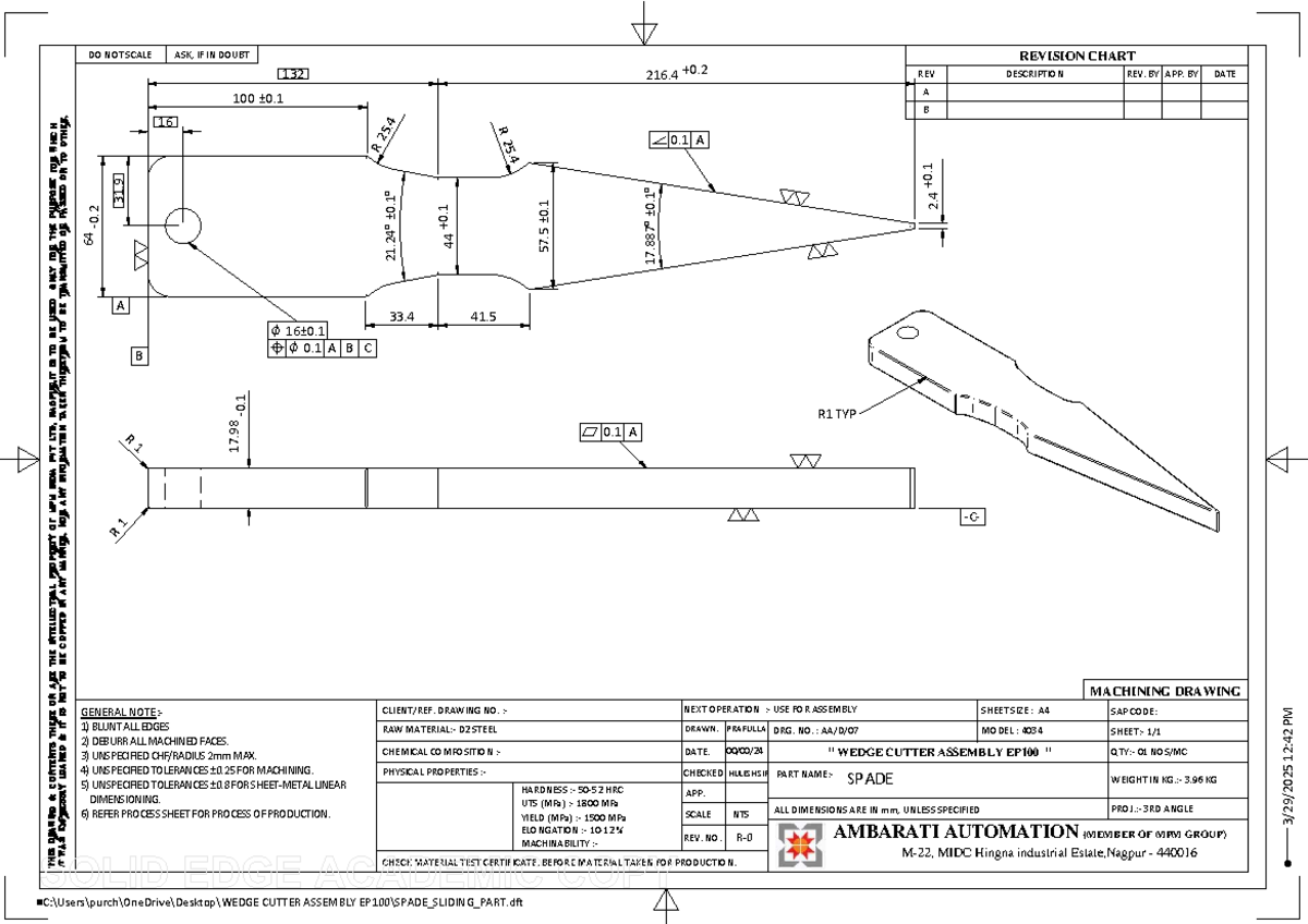 Spade Sliding Part EP100 Machining Drawing & General Notes - Studocu