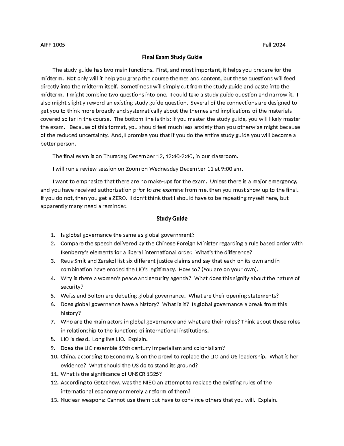 Final study guide - AIFF 1005 Fall 2024 Final Exam Study Guide The ...