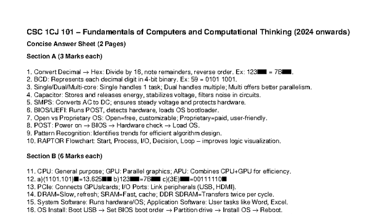 CSC 1CJ 101 Fundamentals of Computers 2-Page Answer Sheet - Studocu