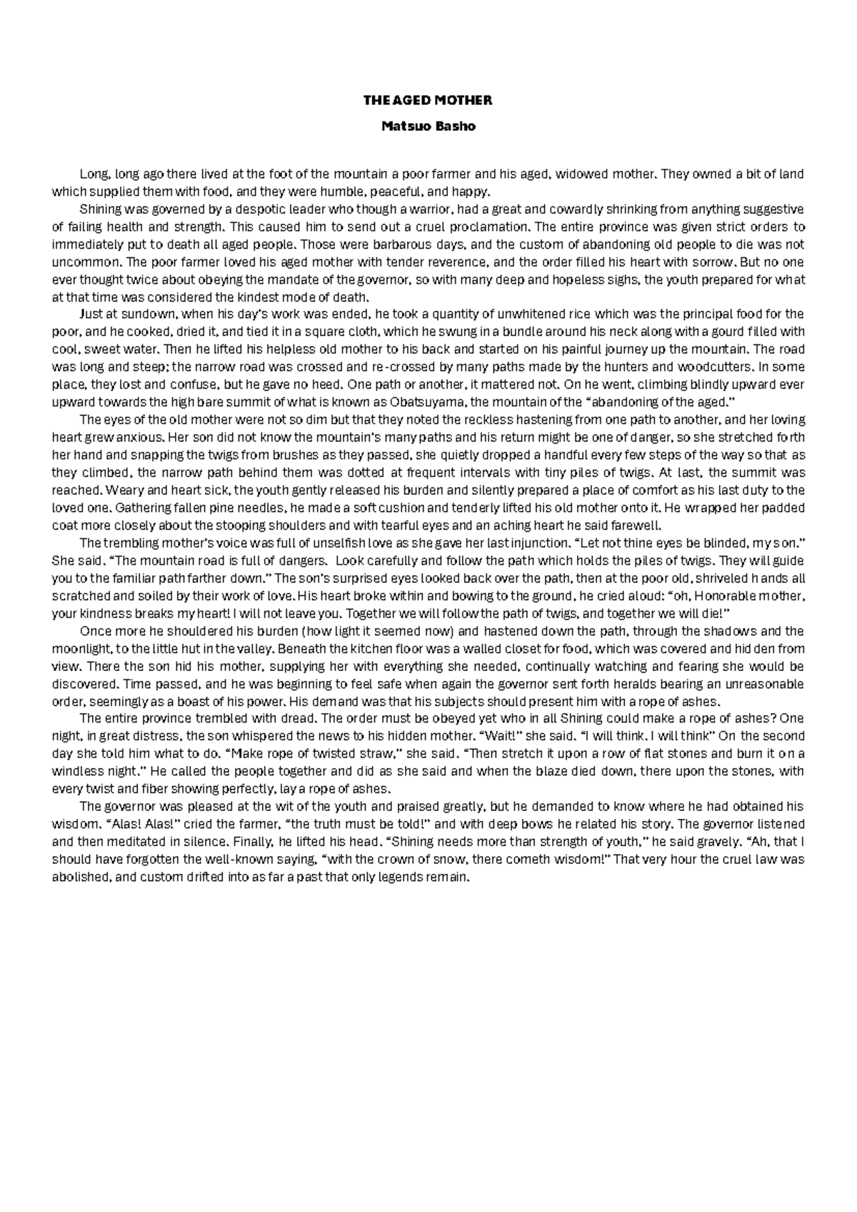 Japanese Literature - The Aged Mother by Matsuo Basho: Analysis ...