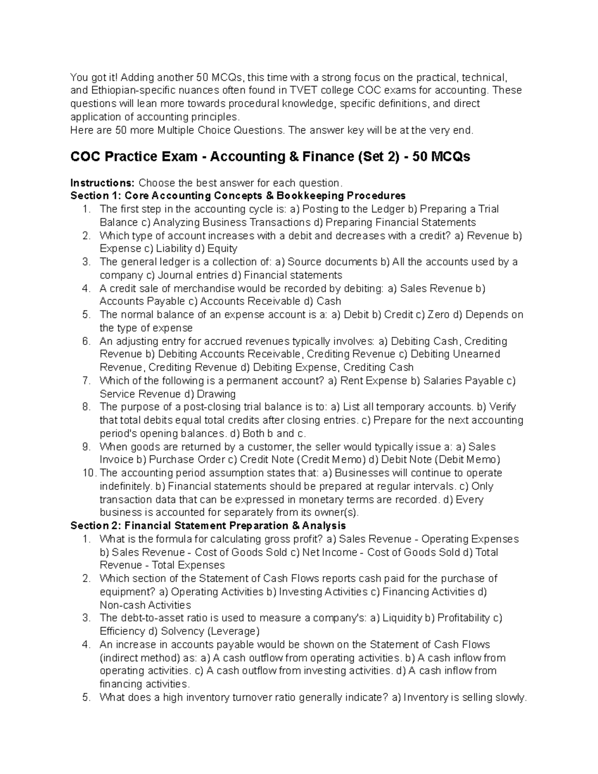 COC2 - 50 MCQs for Accounting Practice Exam (Set 2) - Studocu