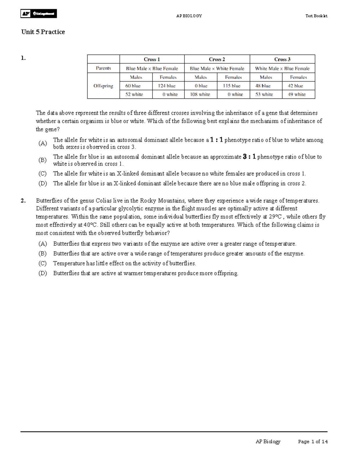 AP BIOLOGY Unit 5 Test Booklet Practice Questions and Answers - Studocu