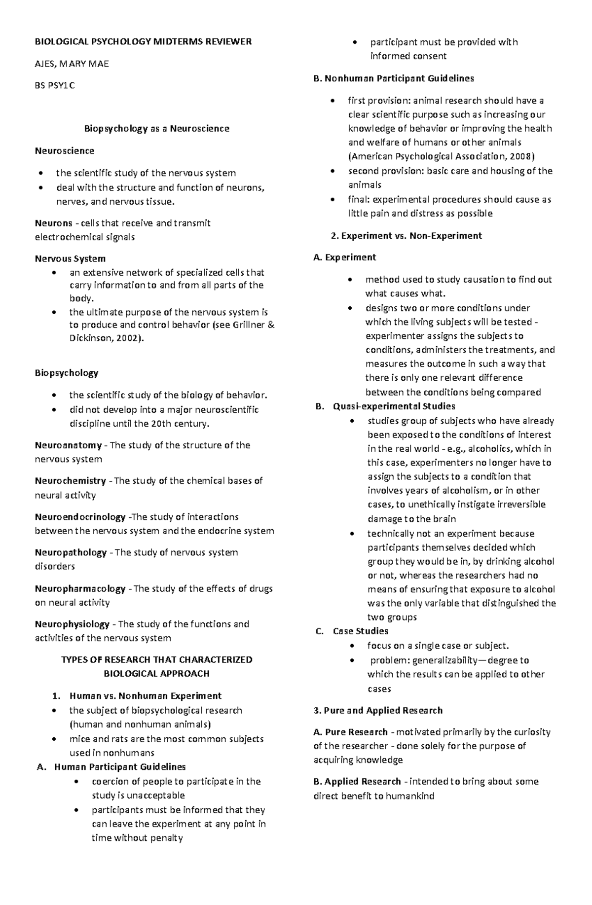 Biopsychology midterms reviewer - BIOLOGICAL PSYCHOLOGY MIDTERMS ...