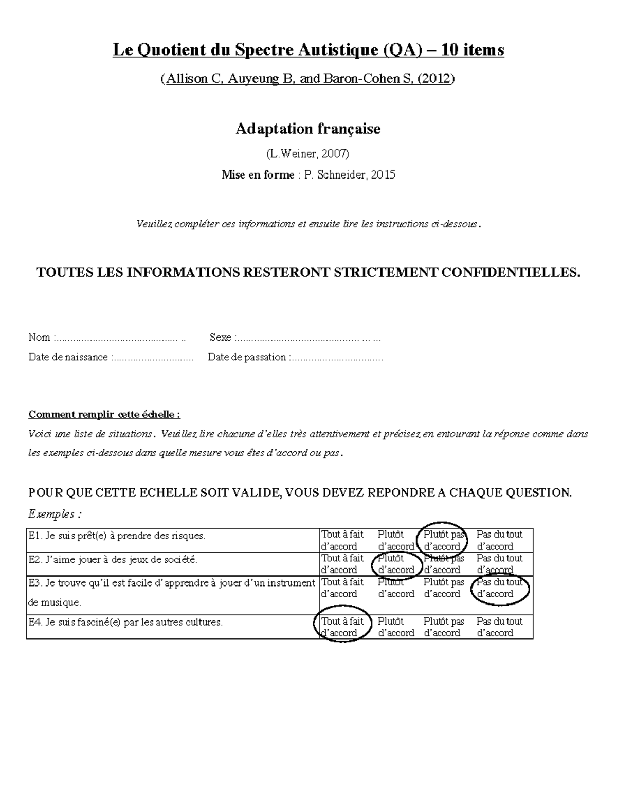 AQ10 - Questionnaire sur le Spectre Autistique (Adapté) - Studocu