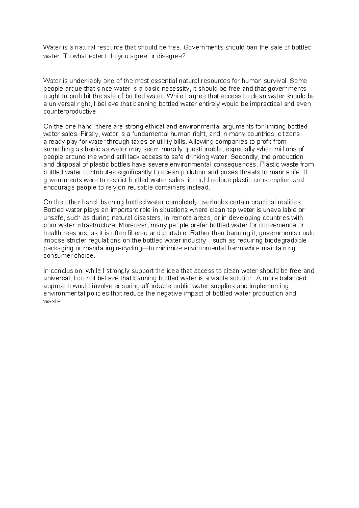 ENG 101 Essay: Should Governments Ban Bottled Water Sales? - Studocu