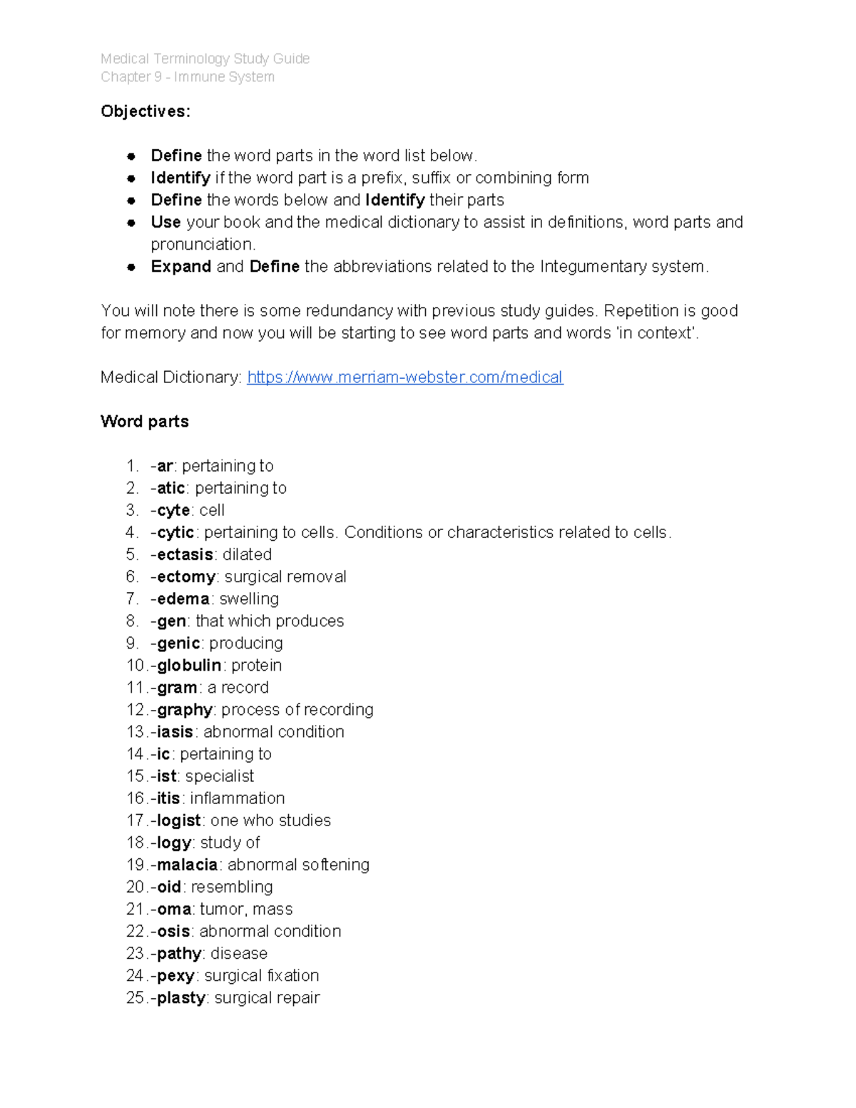 Medical Terminology Study Guide: Chapter 9 - Immune System Review - Studocu