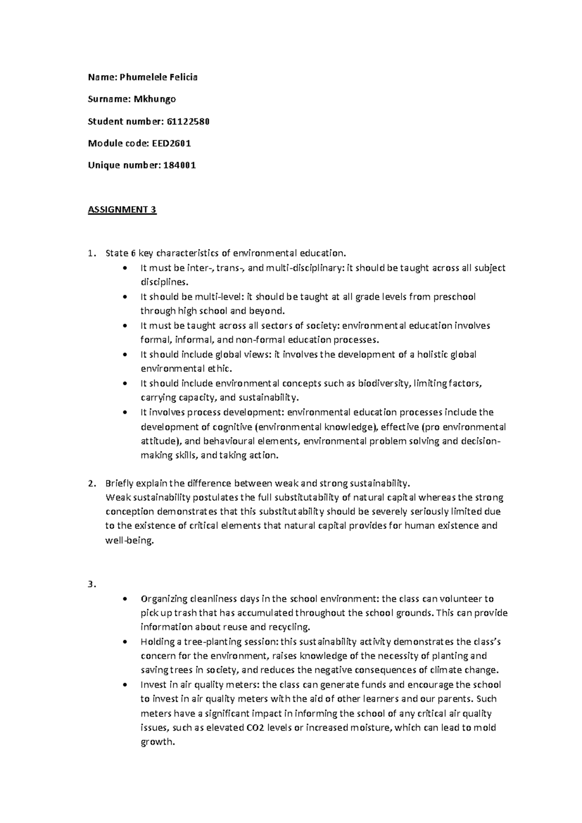 EED2601 ASS3 - Key Characteristics of Environmental Education - Studocu