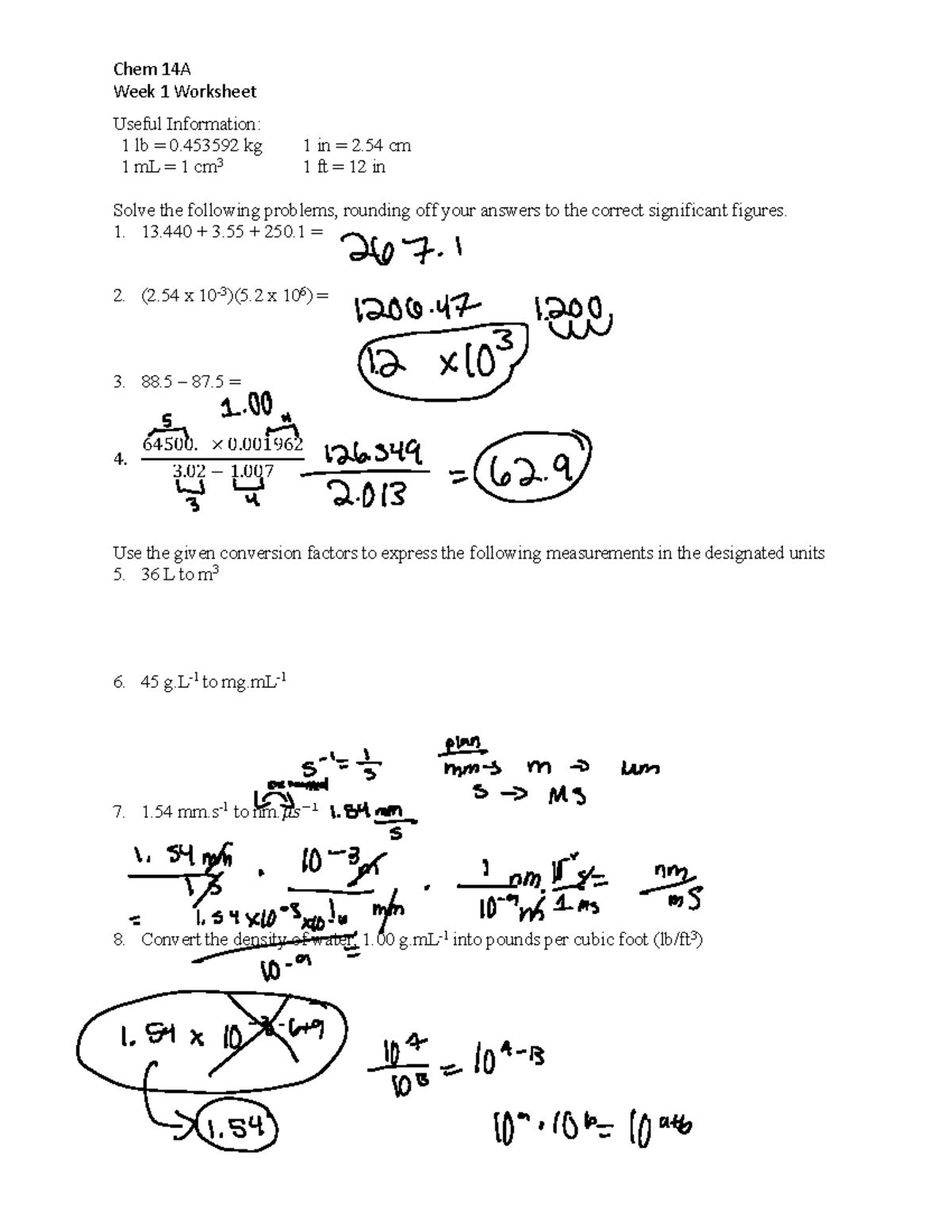 Chem 14A Week 1 Worksheet: Conversion Factors & Problems - Studocu