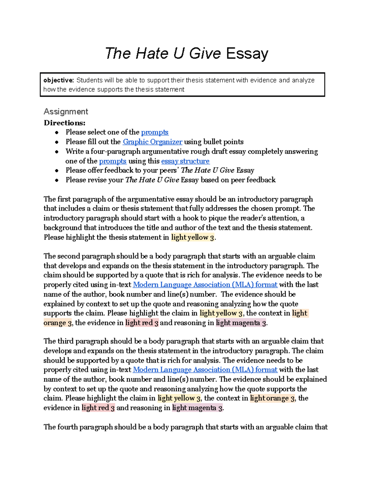 1. The Hate U Give Essay [Nathan, Biruk] - The Hate U Give Essay objective: Students will be ...