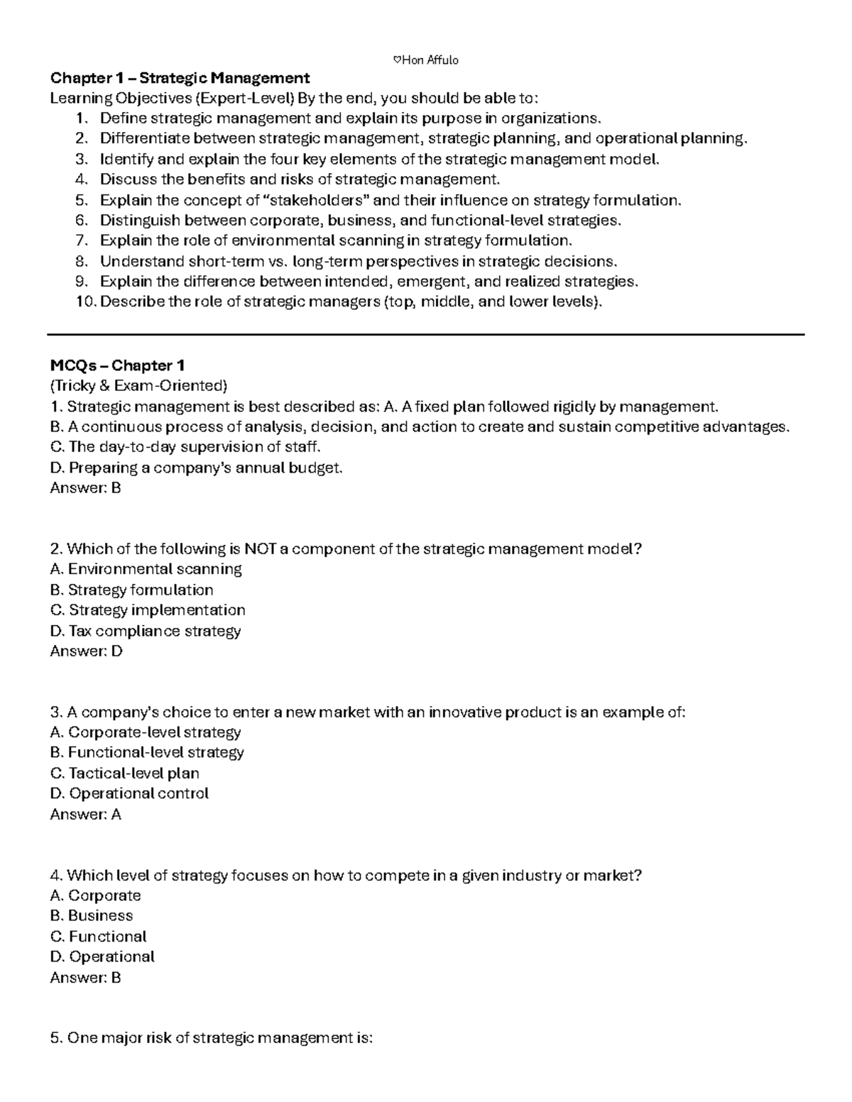 Affulo Chapter 1 & 2 Strategic Management MCQs and Learning Objectives ...