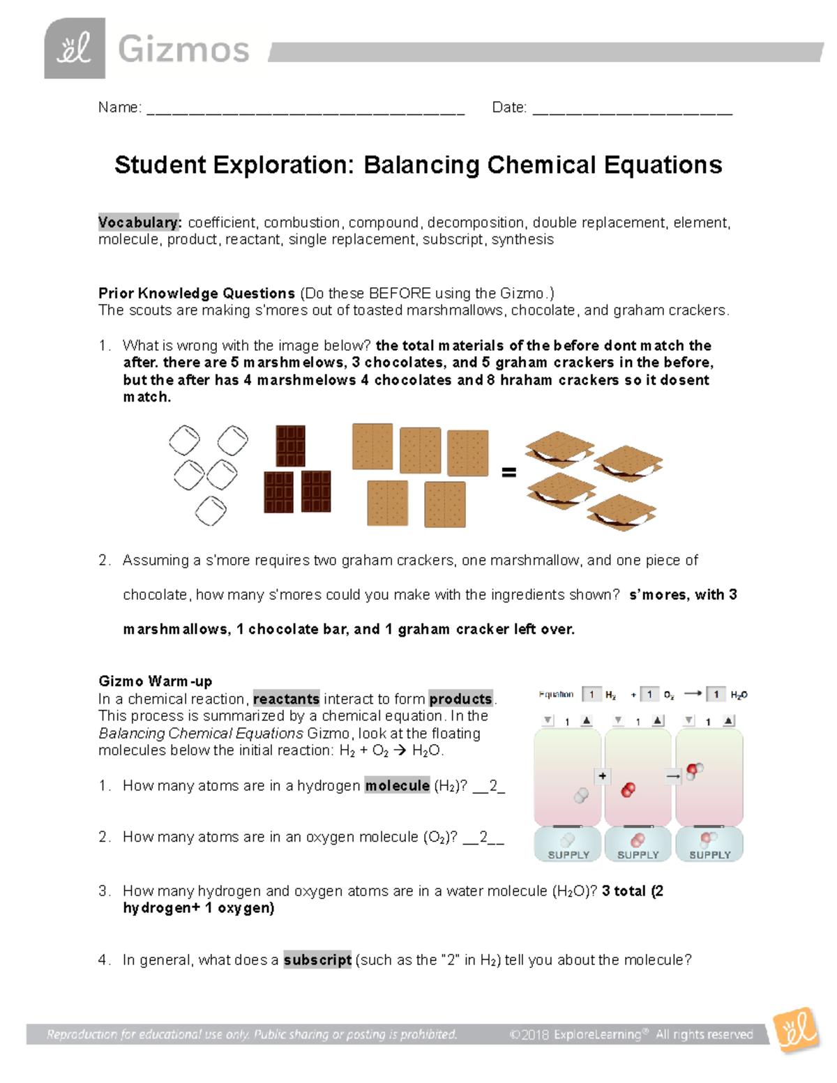 Virtual Lab 2 - Balancing Chemical Equations Exploration Guide - Studocu